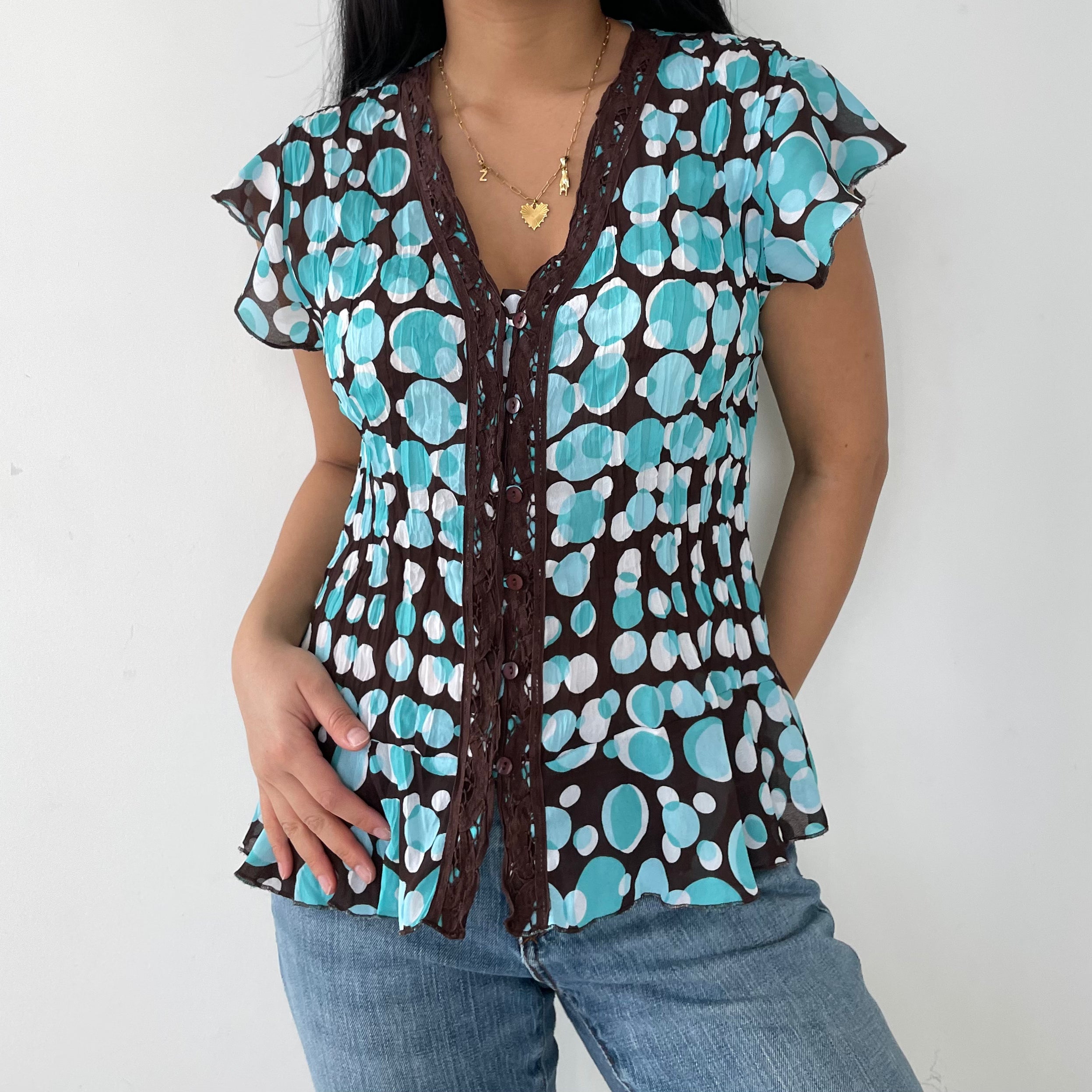 Violet & Claire Blue and Brown Polka Dot Blouse - Large – Zoehify